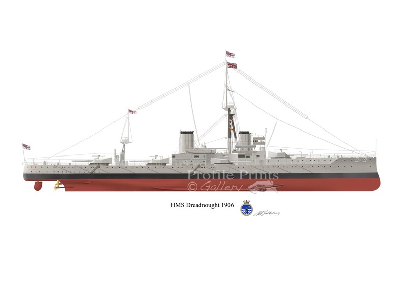 HMS Dreadnought 1906 Vintage Battleship Profile Artwork, A3 Print of ...