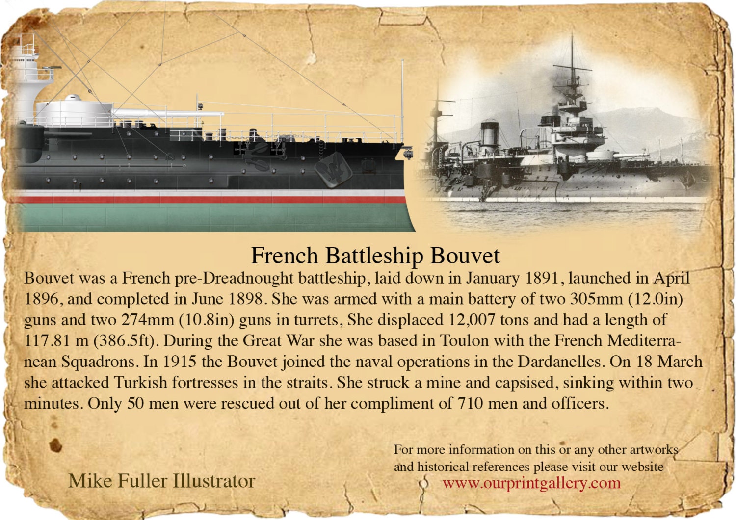 Bouvet Vintage French Battleship 1896 Profile Artwork, A3 Glossy Print ...