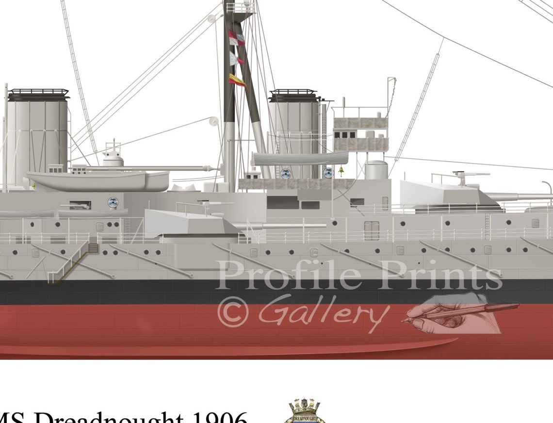 HMS Dreadnought 1906 Vintage Battleship Profile Artwork, A3 Print of ...