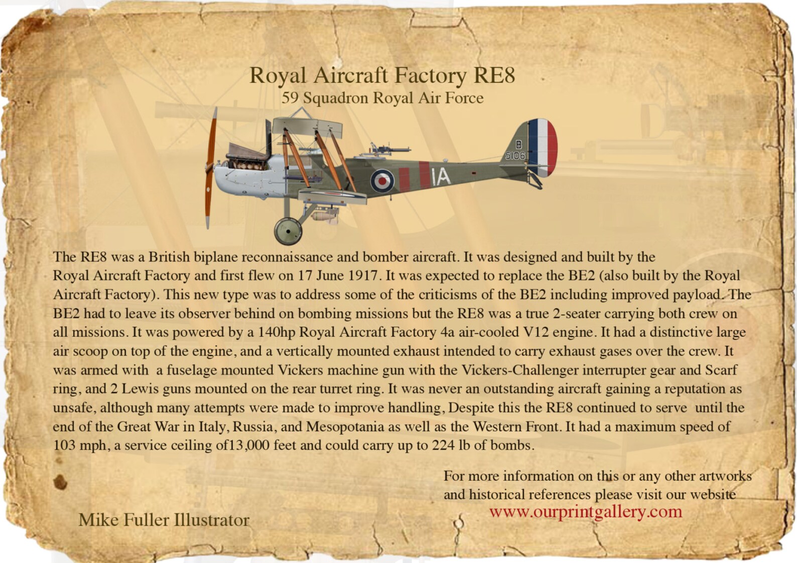 RE8 Vintage Aircraft Profile Artwork, A3 Glossy Print of First World ...