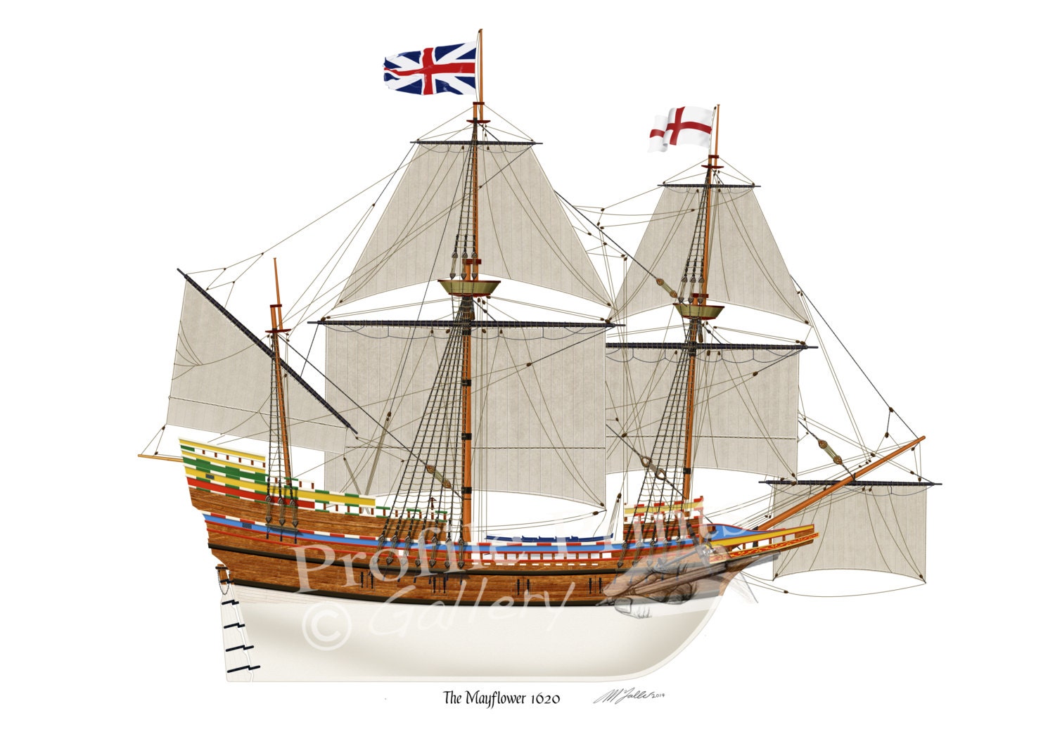 The Mayflower 1620 Profile Artwork, A5 / A4 Glossy Print Merchant ...