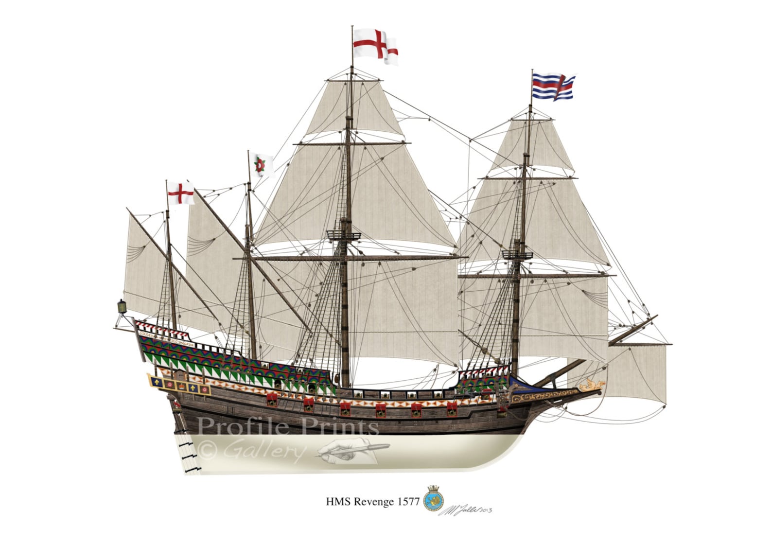 HMS Revenge 1577 English Galleon Profile Artwork, A5 / A4 Glossy Print ...