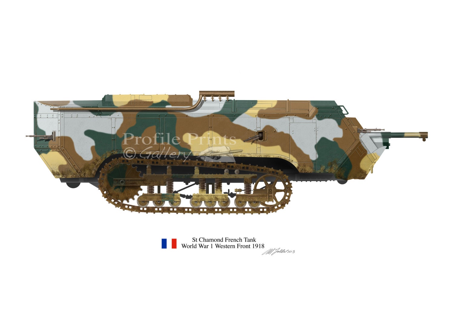 St Chamond Vintage French Tank 1917 Profile Artwork, A3 Glossy Print of ...