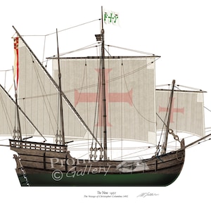 The Nina 1492 Christopher Columbus Profile Artwork, A3 Print Sailing ...
