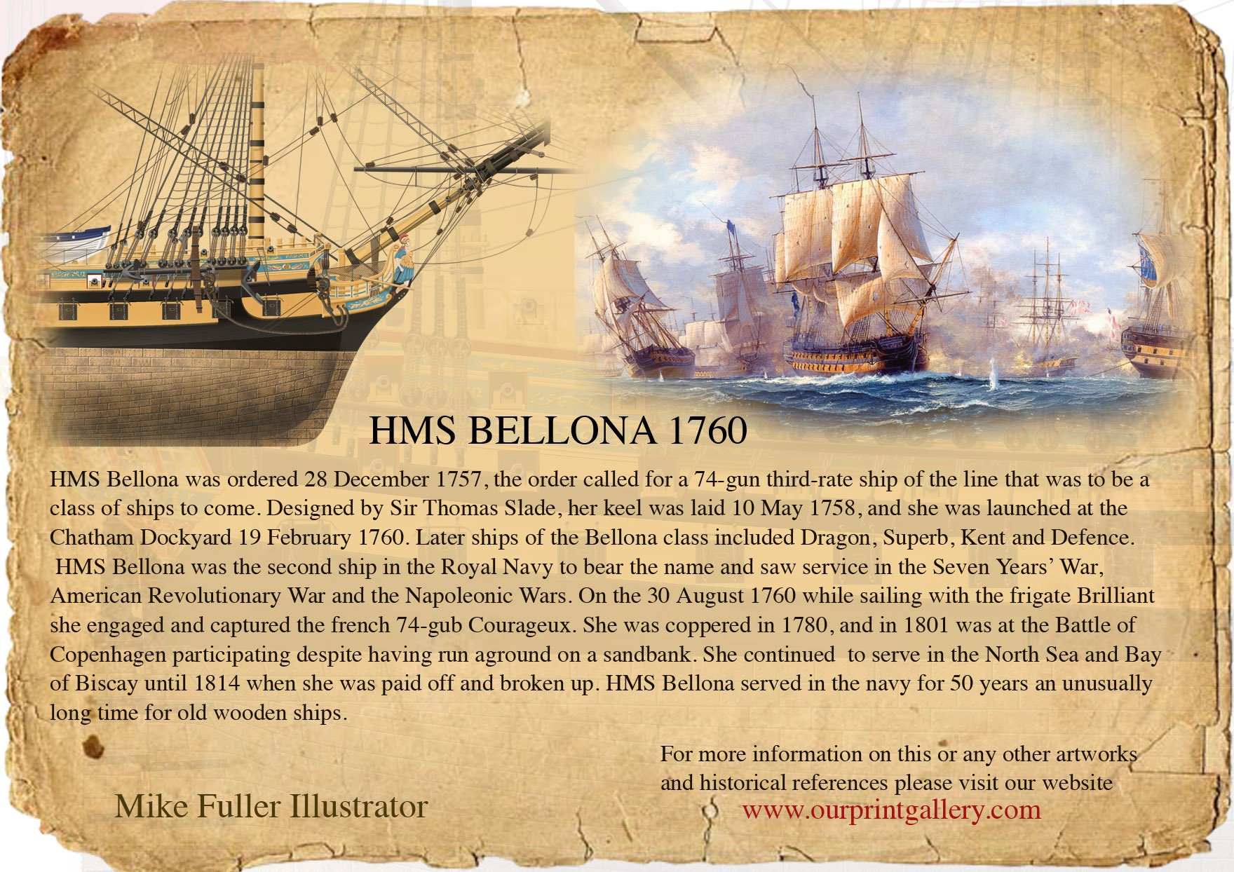 HMS Bellona 1760 Vintage Ship of the Line Profile Artwork A5 / A4 ...