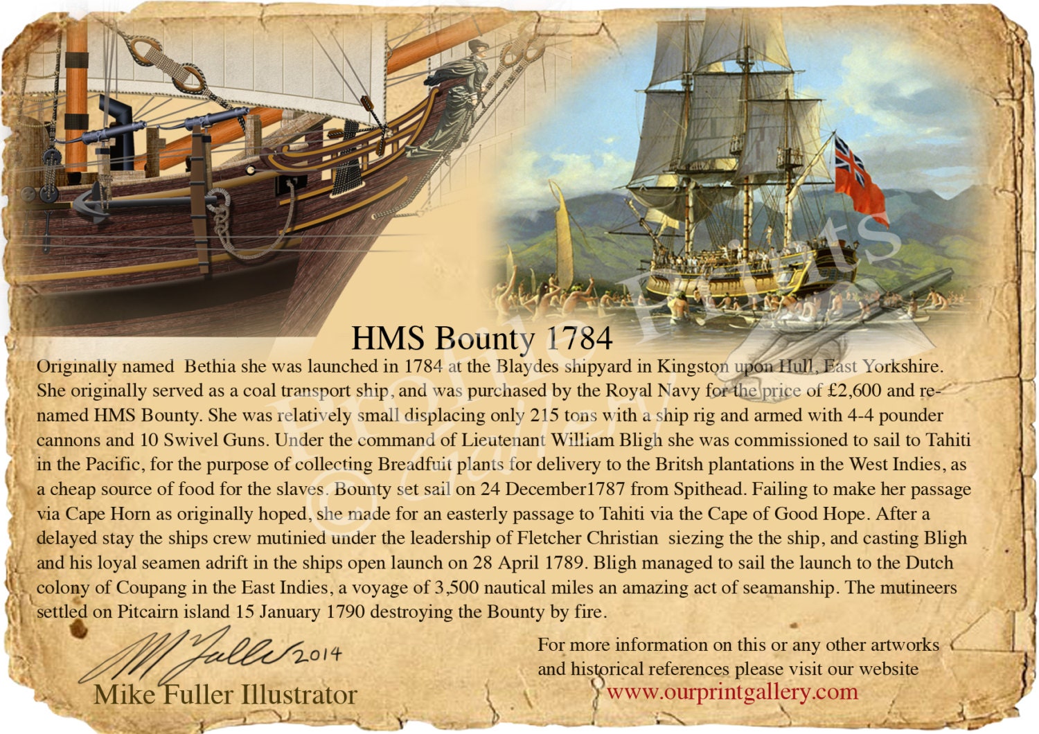 HMS Bounty 1784 Profile Artwork, A3 Print Bligh Mutiny British Sailing ...