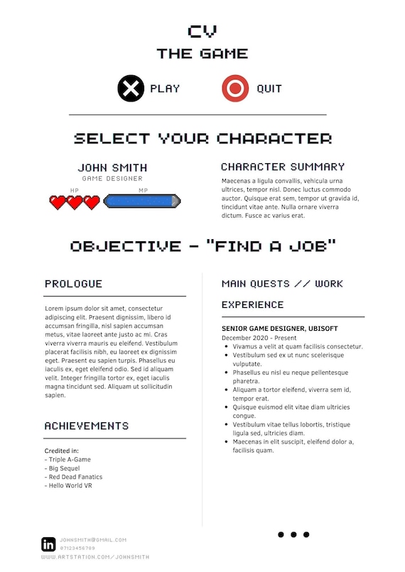 INTERACTIVE CV Game Designer/game Artist/creative Digital - Etsy
