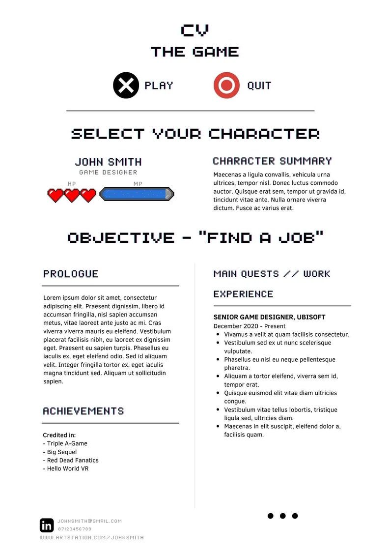 INTERACTIVE CV Game Designer/game Artist/creative Digital - Etsy