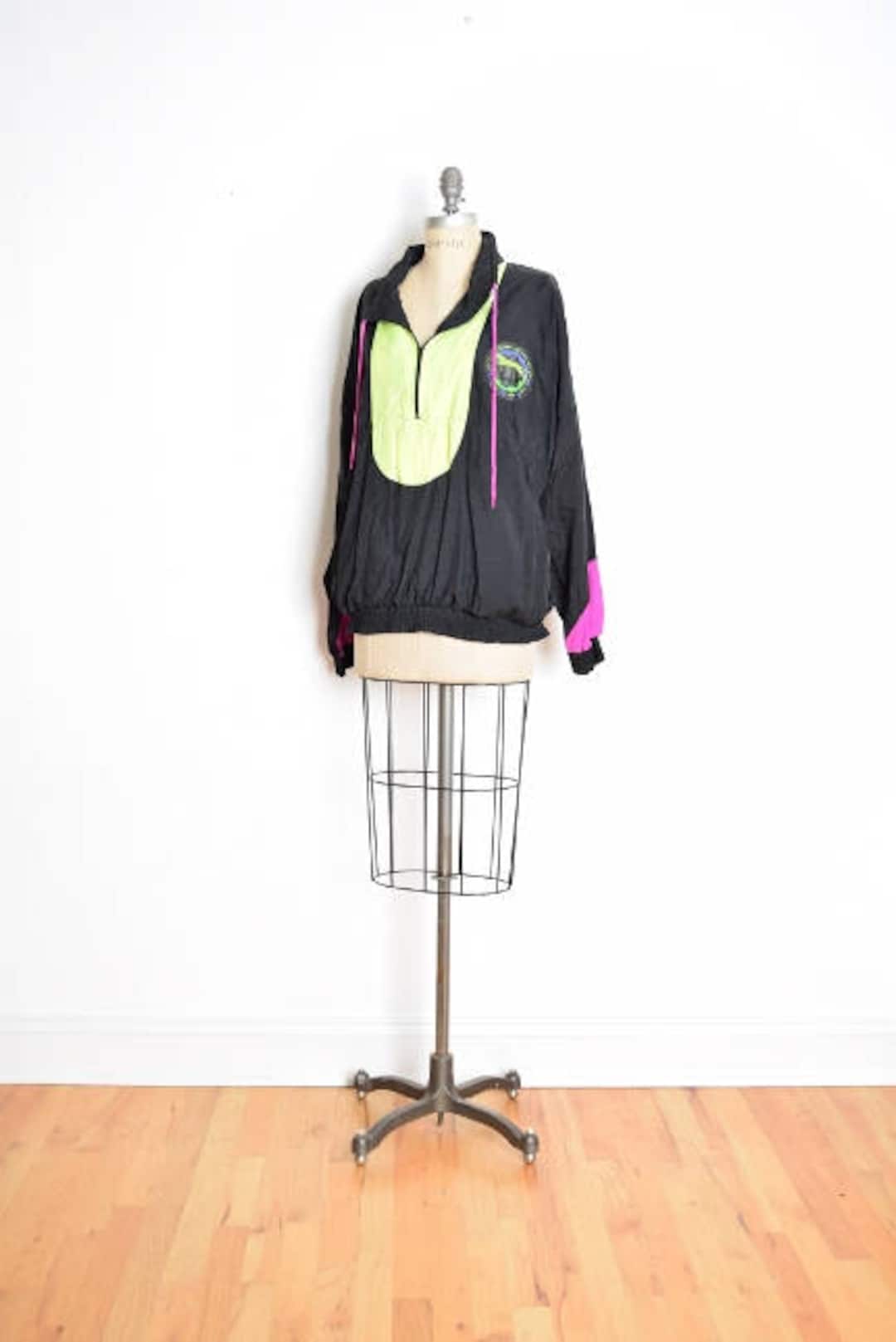 80s Windbreaker, Vintage 80s Jacket, Neon Windbreaker, Black Jacket ...
