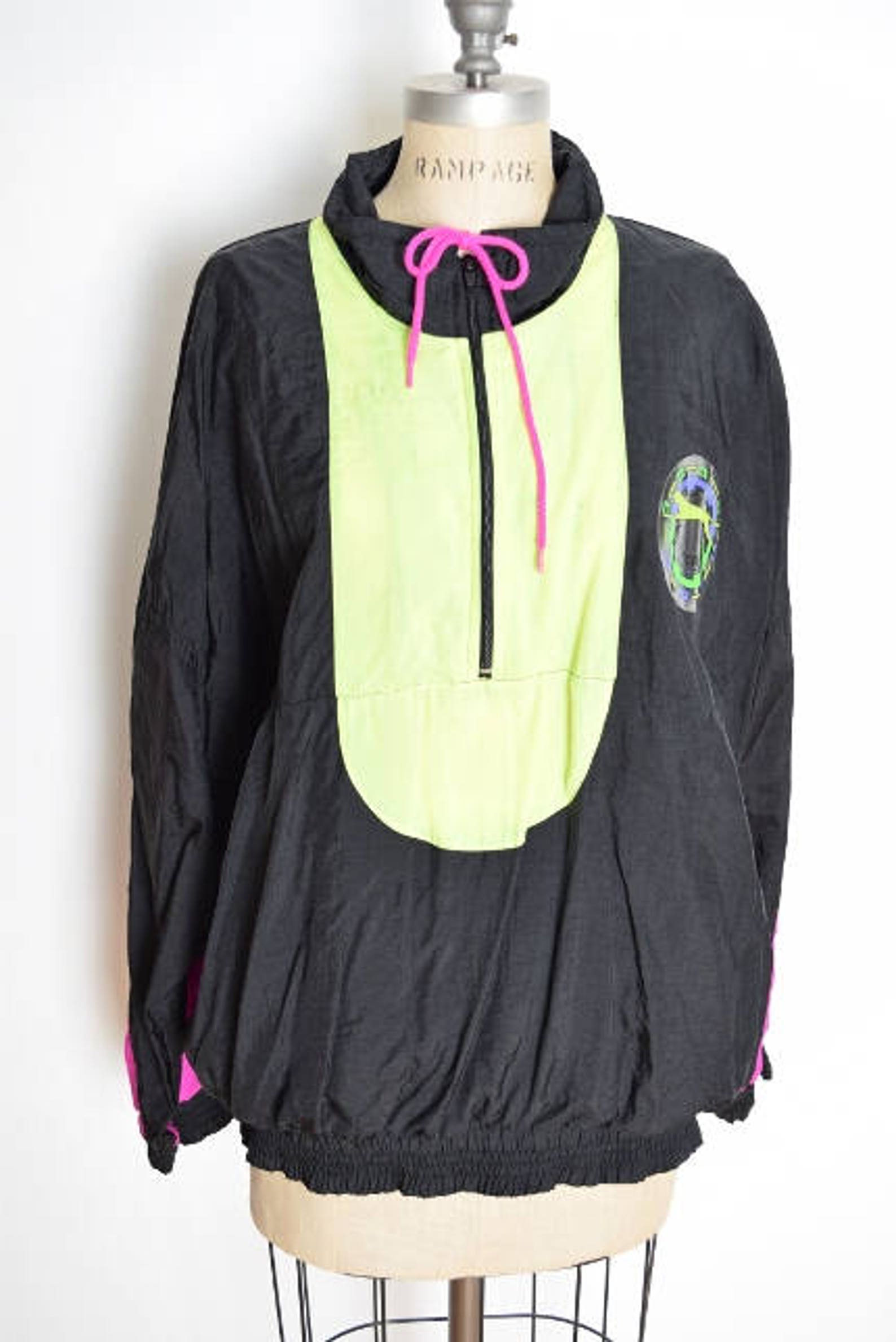 80s Windbreaker, Vintage 80s Jacket, Neon Windbreaker, Black Jacket ...