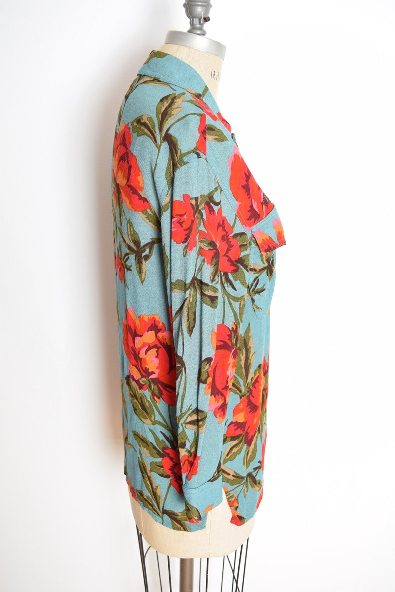 Vintage 90s Top Blue Red Floral Poppies Poppy Print Blouse Etsy