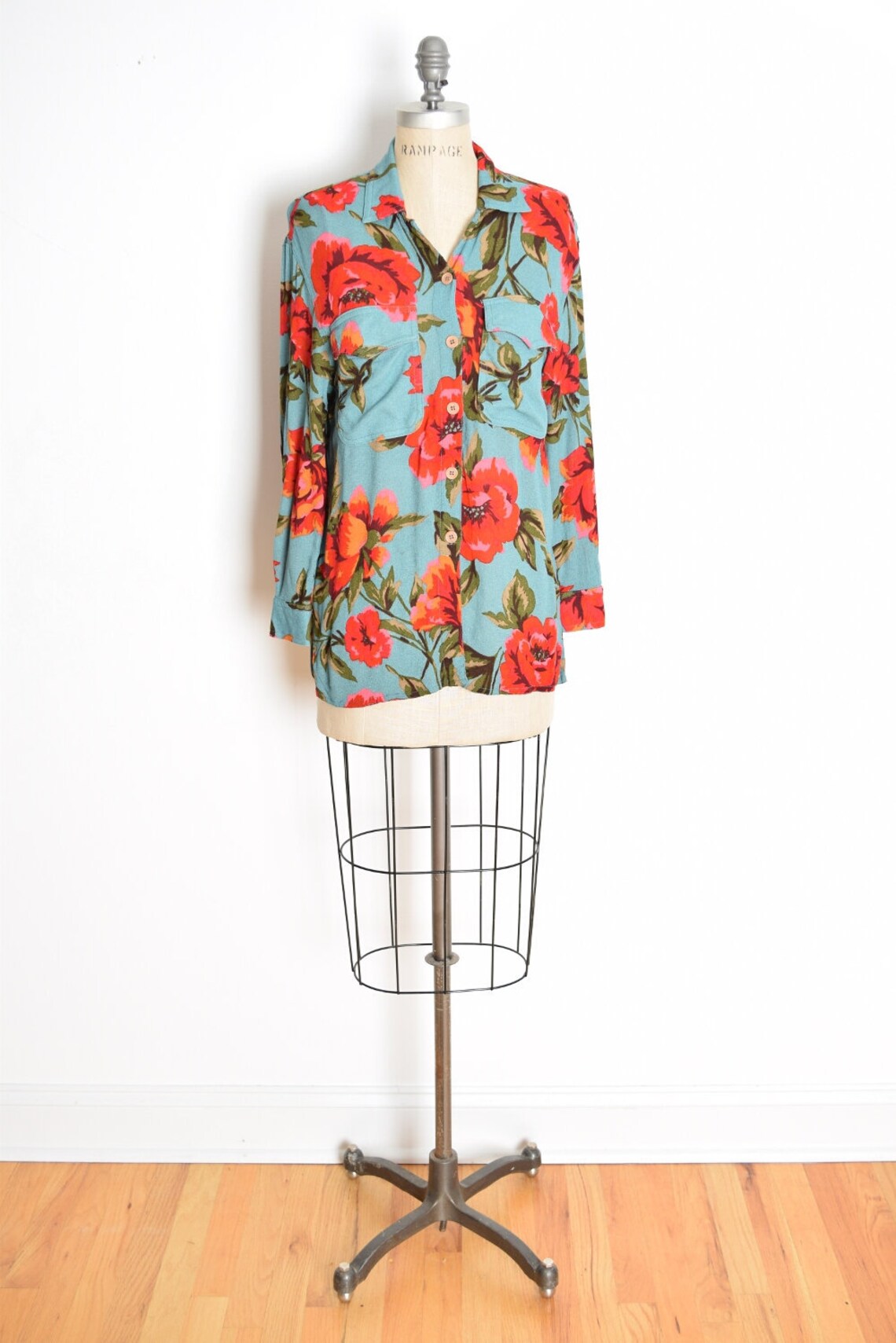 Vintage 90s Top Blue Red Floral POPPIES Poppy Print Blouse Shirt Rayon ...