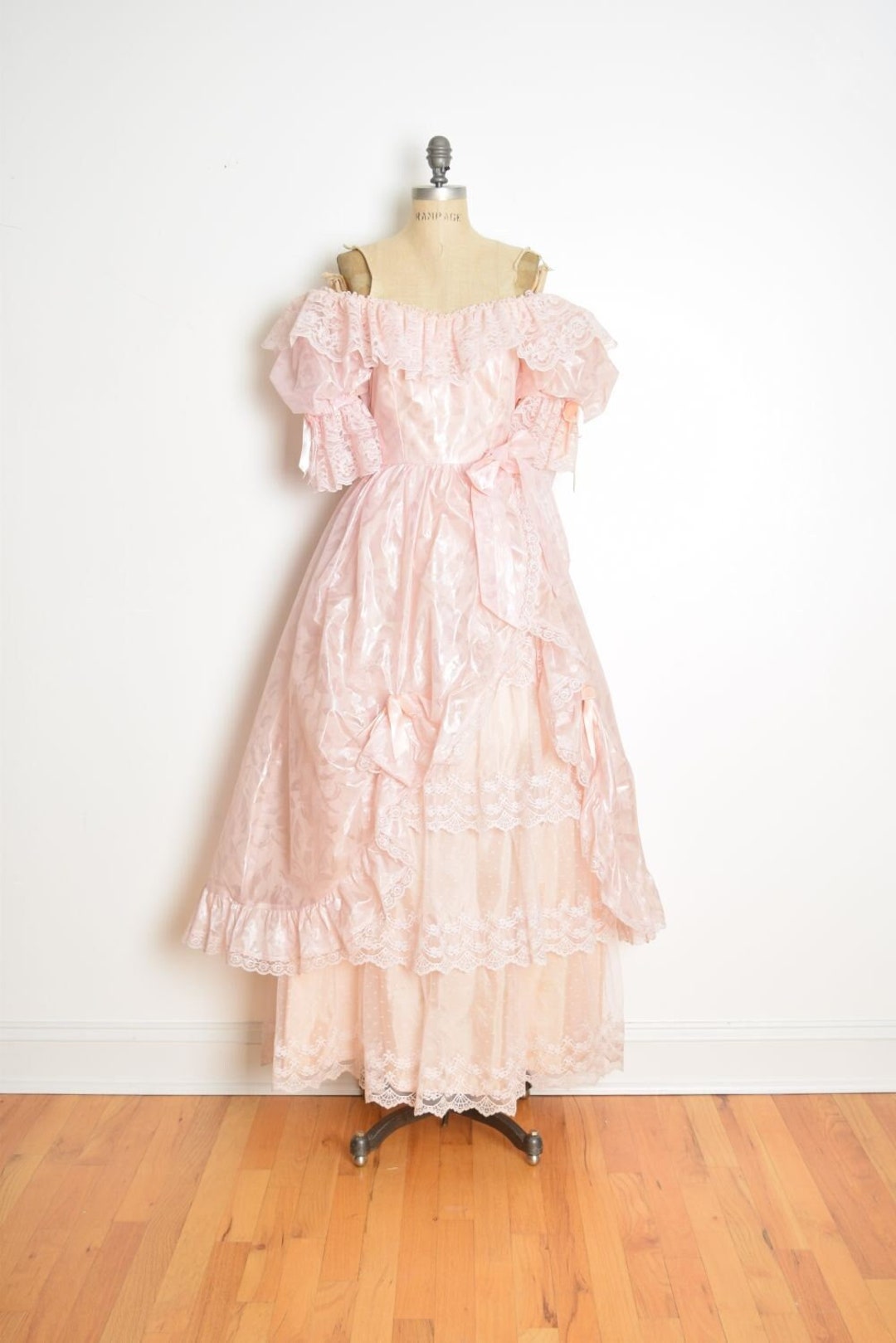 Vintage 80s Prom Dress Pink Lace Puffy Bows Tulle Ball Gown Puff ...