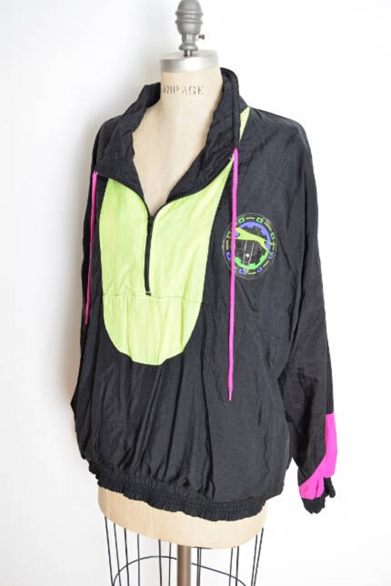 80s Windbreaker, Vintage 80s Jacket, Neon Windbreaker, Black Jacket ...