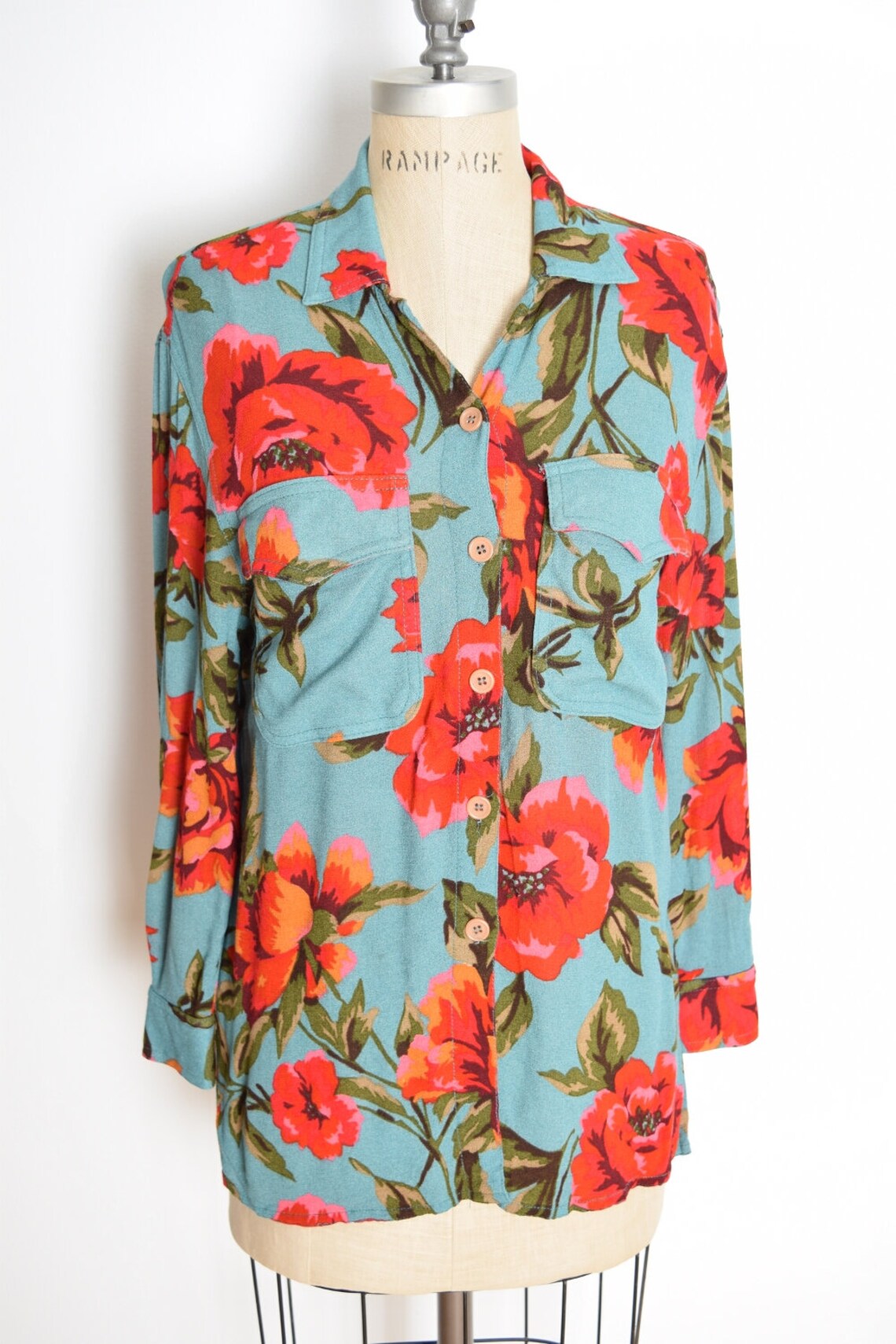 Vintage 90s Top Blue Red Floral POPPIES Poppy Print Blouse Shirt Rayon ...