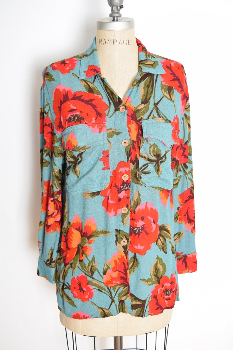 Vintage 90s Top Blue Red Floral Poppies Poppy Print Blouse Etsy