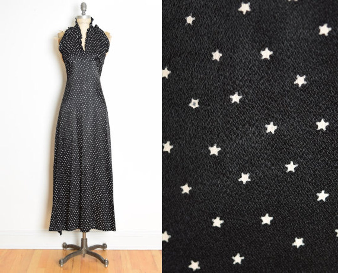 Vintage 70s Dress Black Satin STAR Print Ruffle Long Maxi Prom Party ...