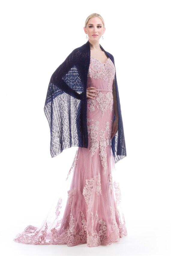 Navy Blue Knit Lace Evening Wrap Dressy Shawl Beach Wrap | Etsy