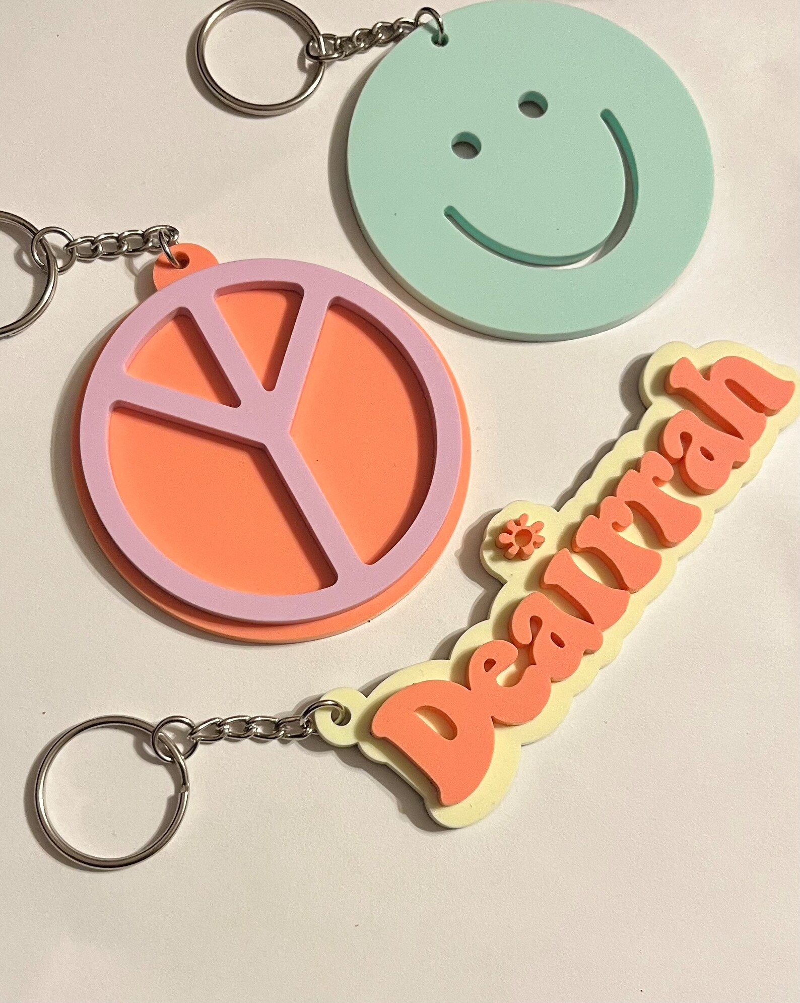 Retro Keychain, Smiley Face Keychain, Peace Sign Keychain, Retro Name ...