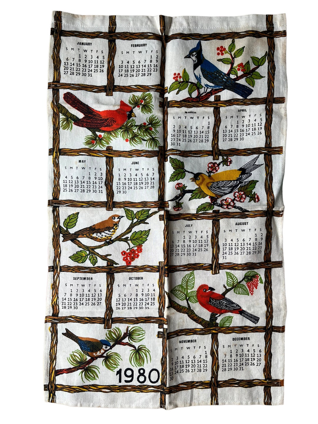 Vintage 1980 Linen Tea Towel Calendar With Birds - Etsy