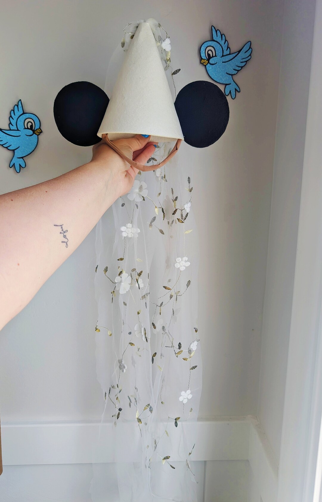 White Princess Miss Mouse Veil Hat Headband. Floral Embroidery Hair ...