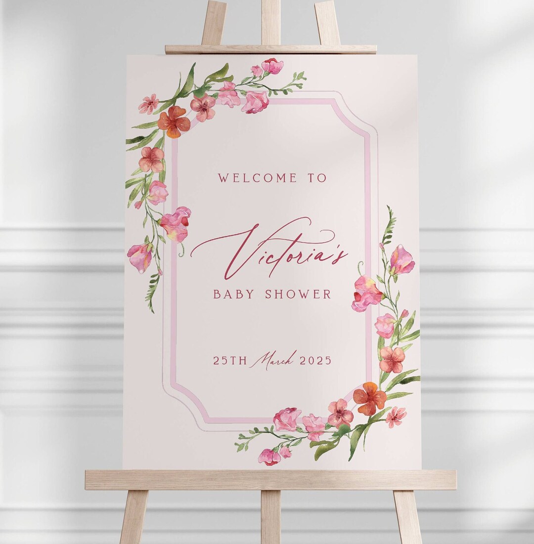 Printed Pink Baby Shower Welcome Sign With Floral Detail Baby Girl ...