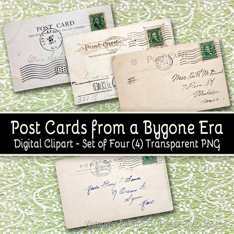 Stamped Vintage Post Cards - Set of Four (4) Digital Transparent Pngs ...