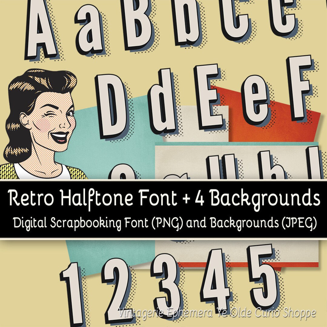 Retro Halftone Digital Font + 4 Backgrounds - Etsy