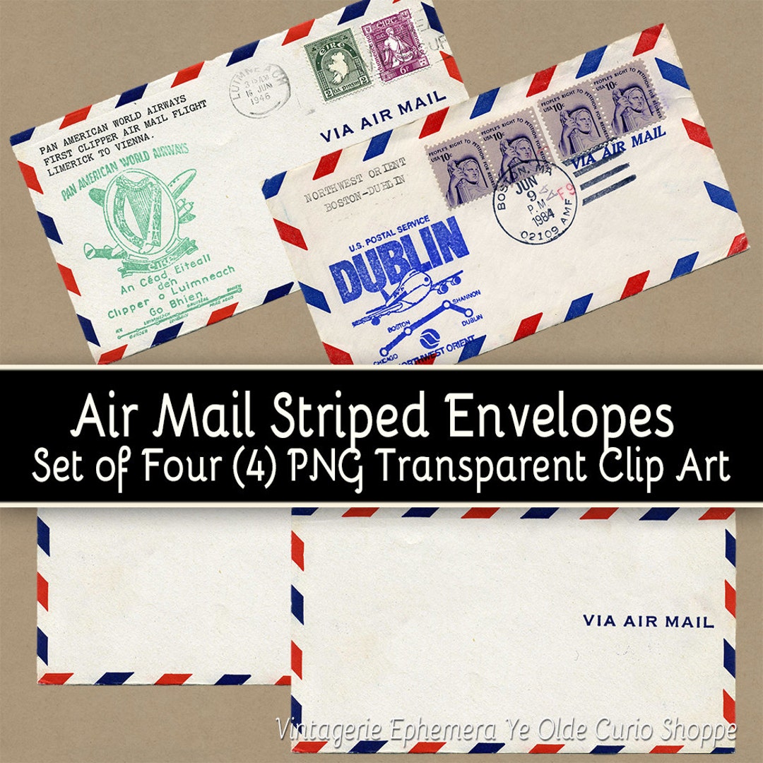 Air Mail Striped Envelopes - Set of 4 PNG Transparent Digital Clip Art ...