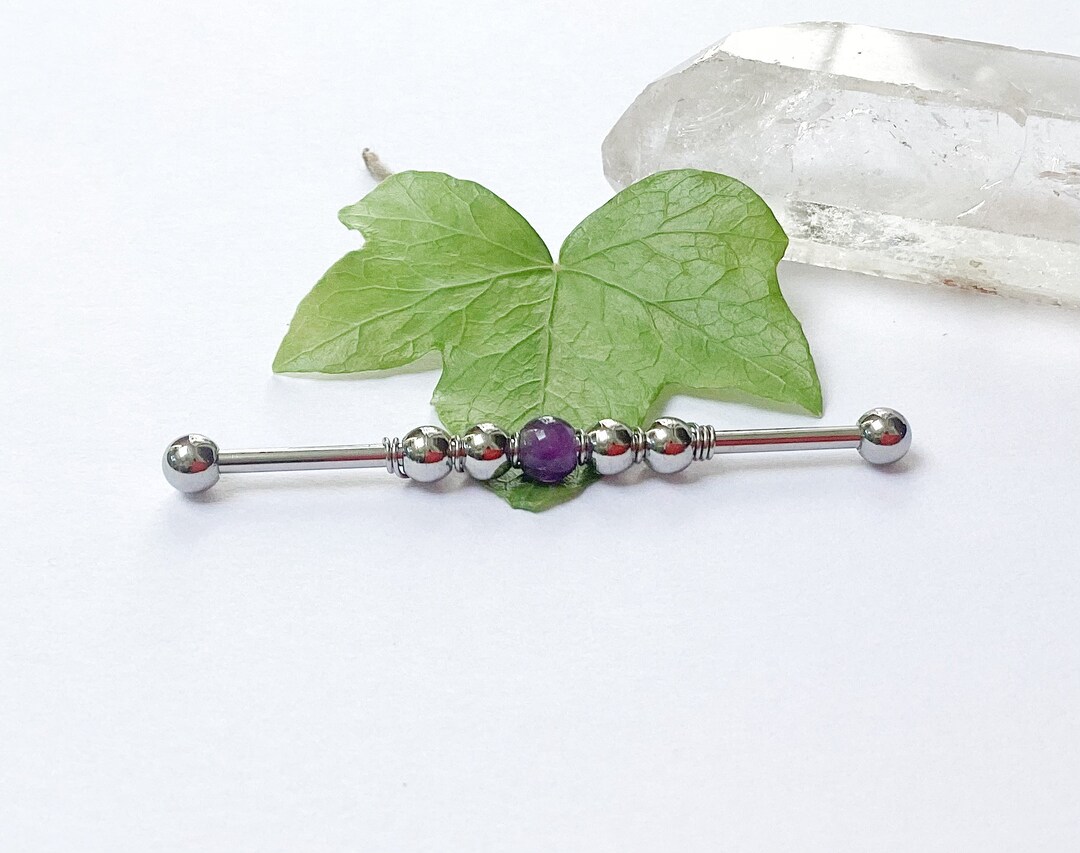 Piercing Industrial Bar Steel Ch and Amethyst 1.6mm/14g 44mm Stem Ear ...