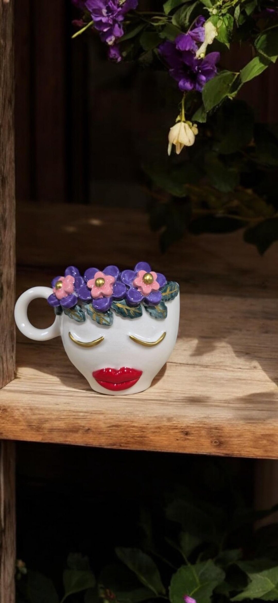 Handmade Ceramic Face Mug With Floral Hair – 120 Ml Artistic Pottery ...