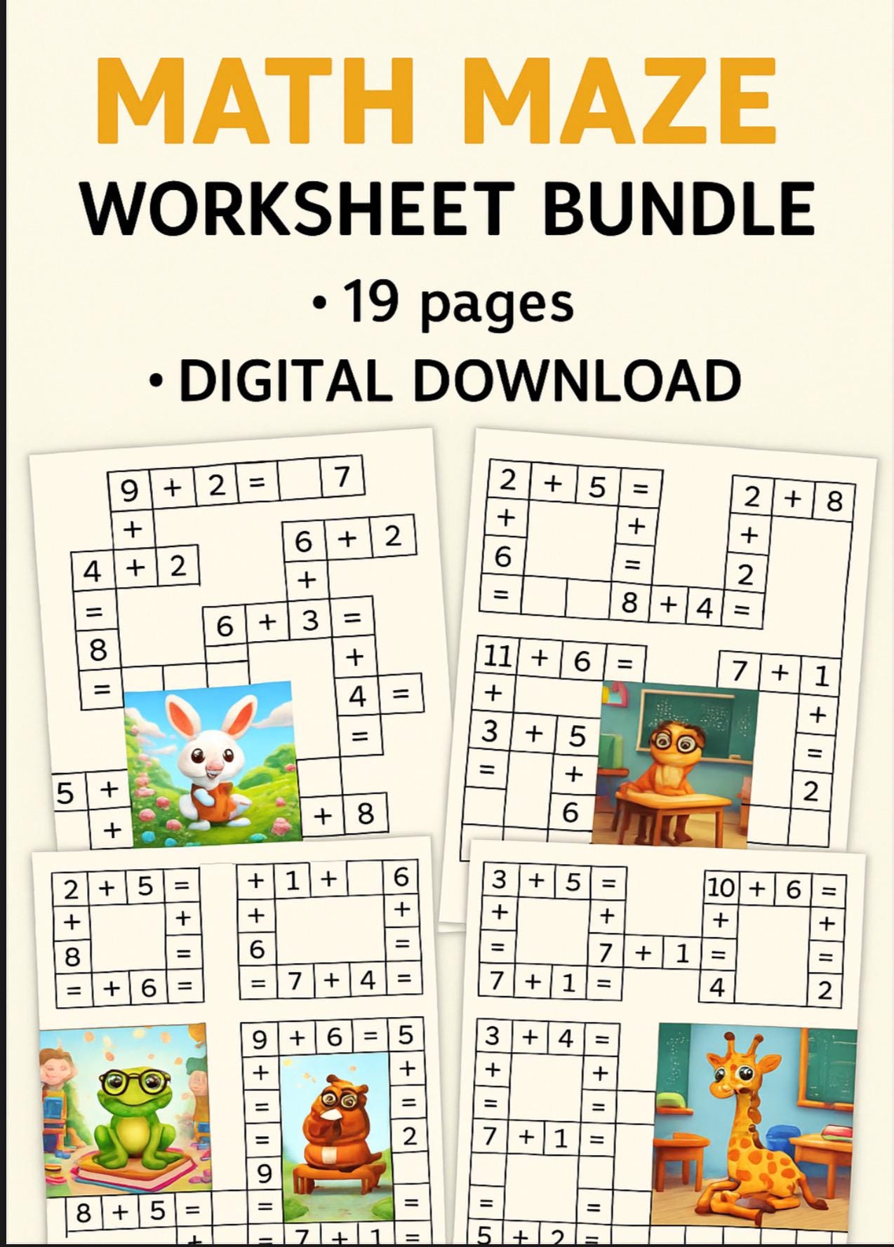 Fun Animal Math Maze Worksheets for Kids | Printable Addition ...