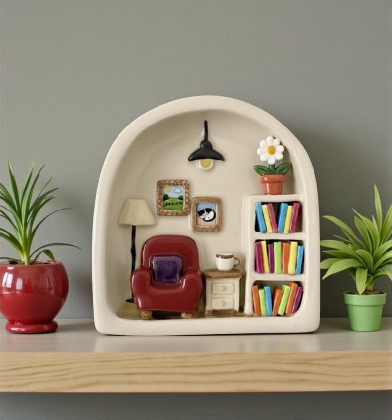 Handmade Ceramic Miniature Room Wall Decor | Cozy Reading Nook Shelf ...