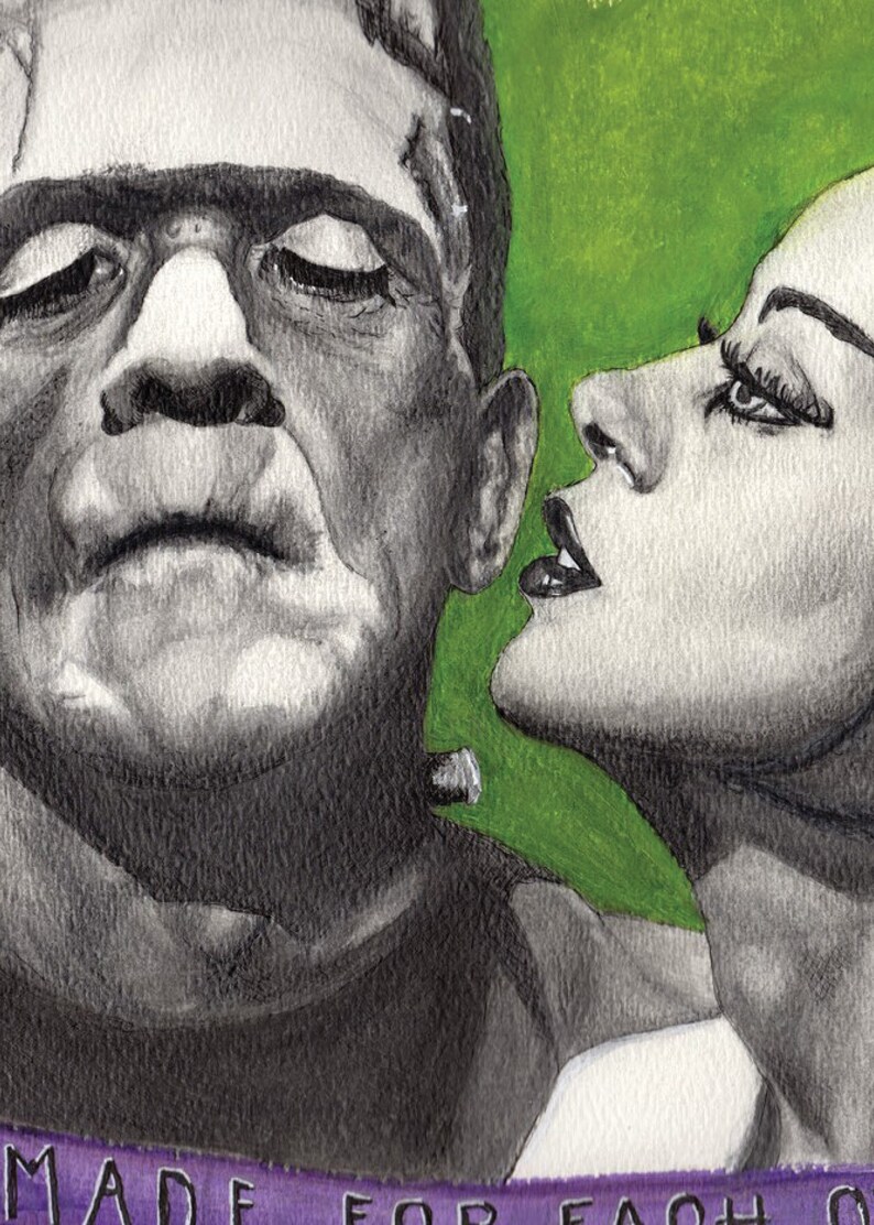Frankenstein & Bride Watercolor Painting Pencil Drawing - Etsy