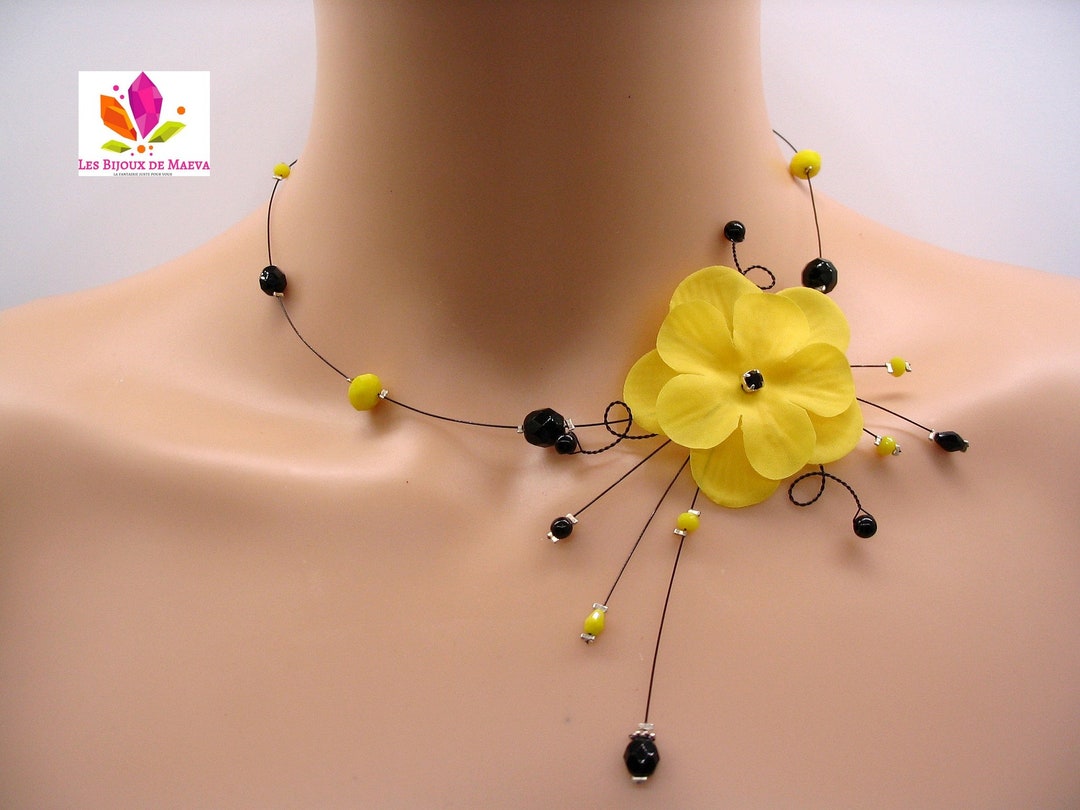 Yellow Flower Necklace Black and Yellow Beads Yellow Fantasy - Etsy