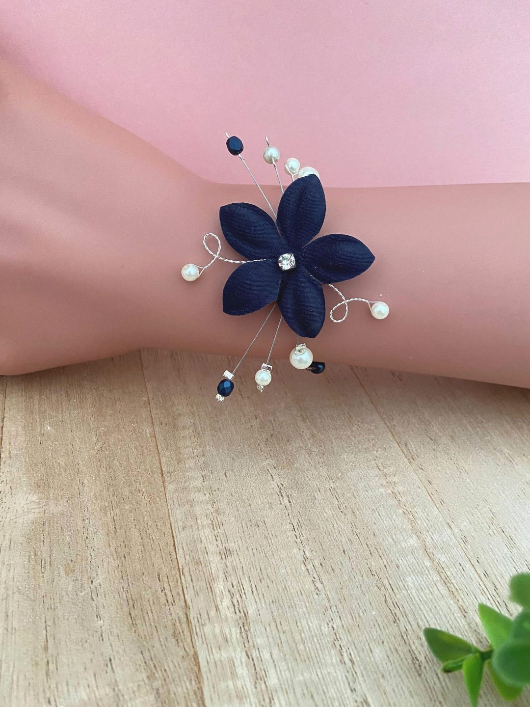 Navy Blue Jewelry, Flower Bracelet and Navy Blue Pearls, Wedding ...