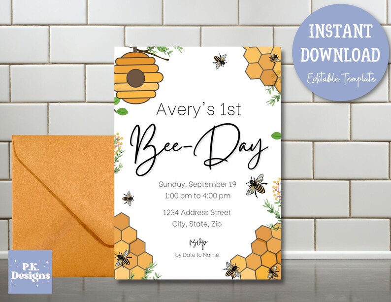 Instant Download Customizable 5x7 Bee Theme Invitation Template Canva ...