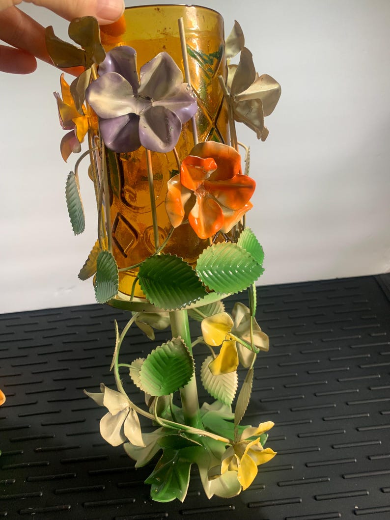 Tole Metal Flower Vase, Amber Glass Votive Holder - Rare Pair - Etsy