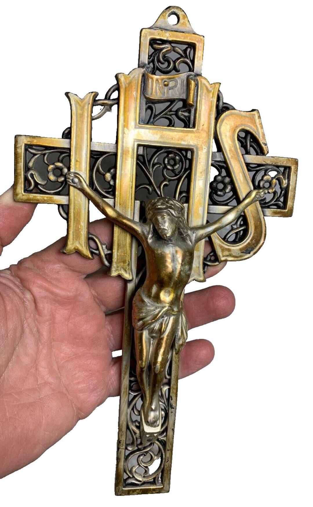 Antique Art Deco Ornate Ihs Cross Crucifix Gold Silver Metal Filigree ...