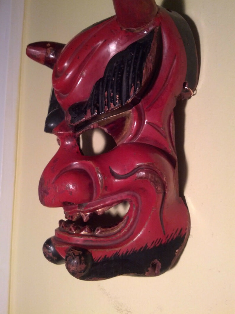 Antique, Danced, Japan/japanese Wooden Ao-oni Mask Used in Annual ...