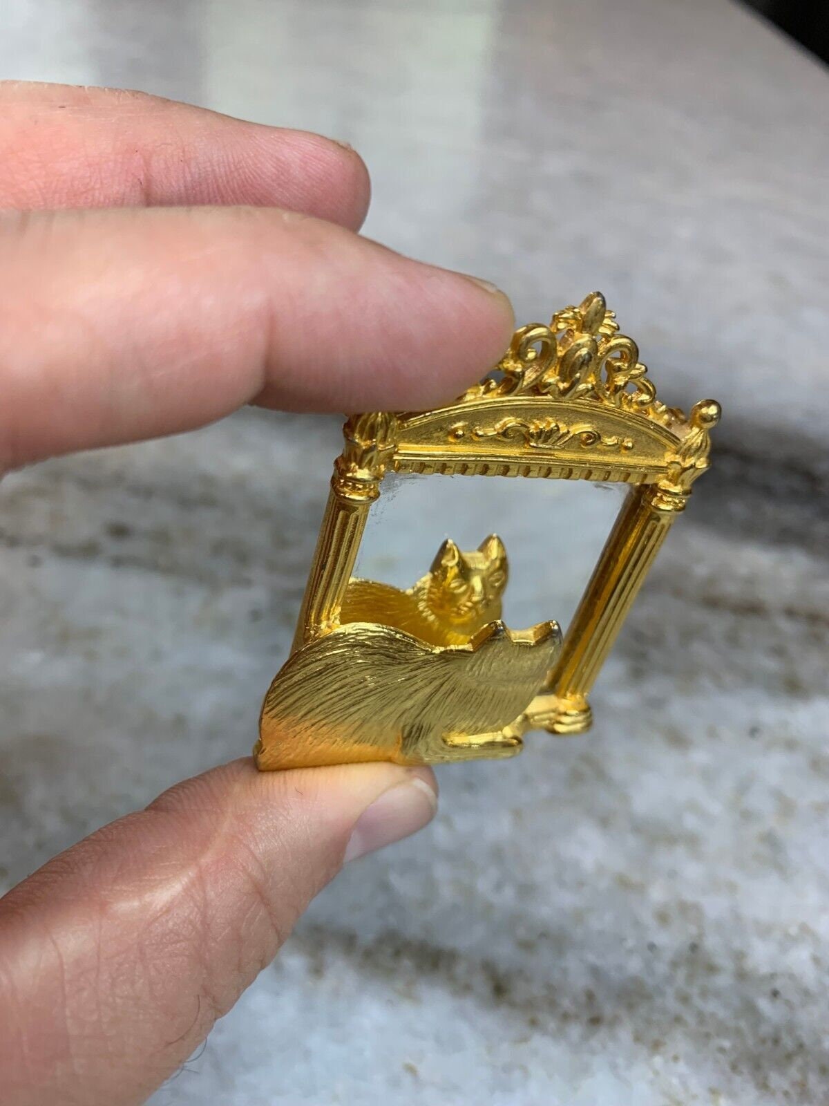 Vintage Cat Looking at Itself in Mirror Pin/brooch/obidome Gold/gilded ...