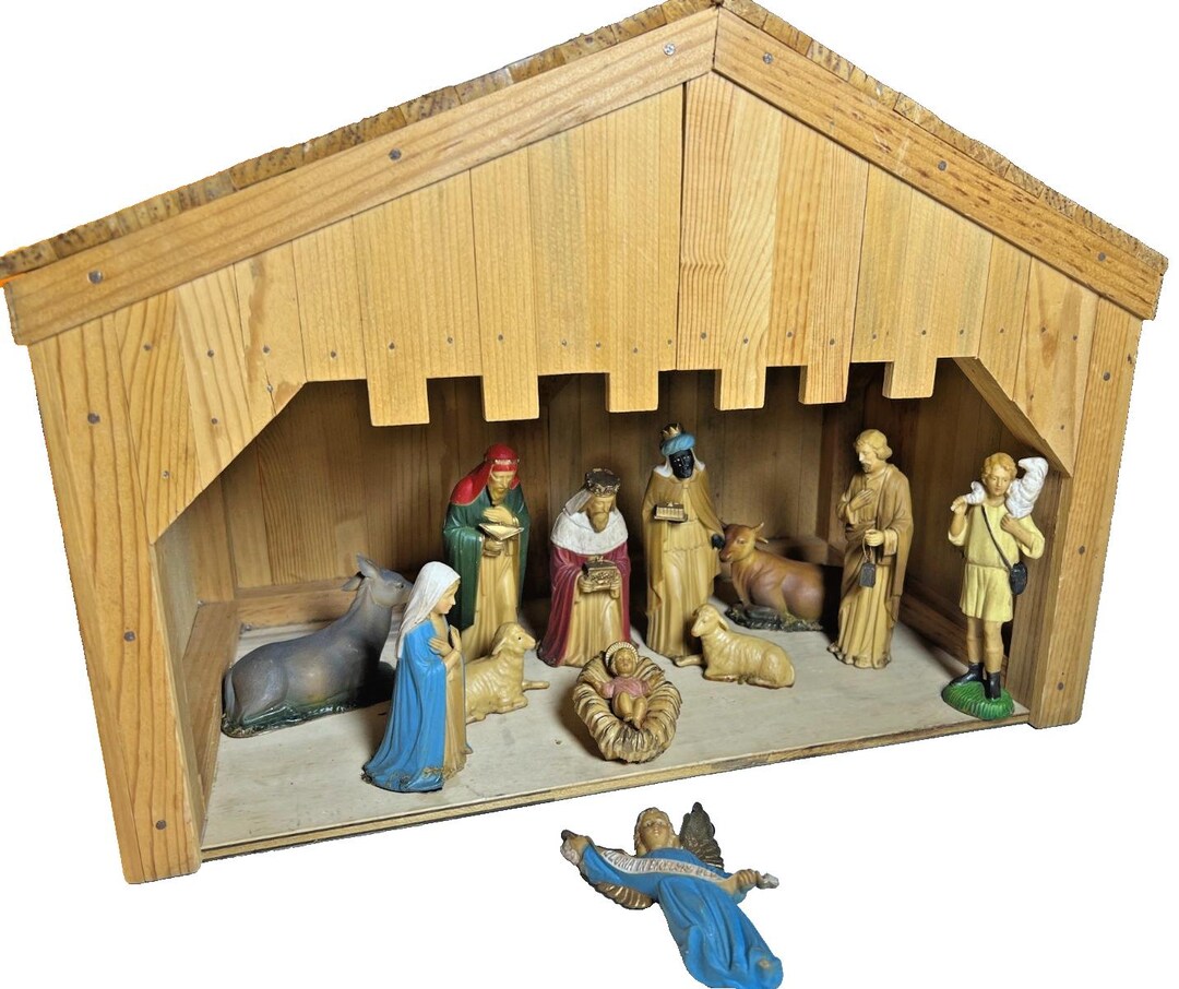 Vintage Mid Century 1950s Wood Wooden Bethlehem Manger Nativity Scene W ...