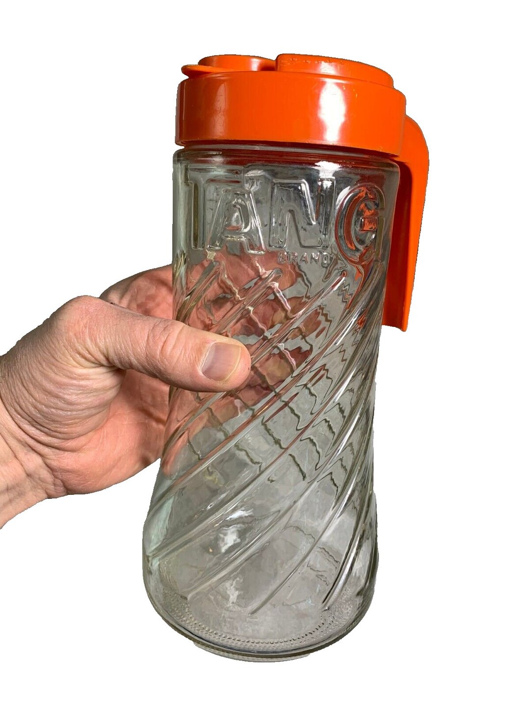 Vintage 1980s 80s 1990s 90s Glass Orange Tang Pitcher Jar Swirl Swirls ...