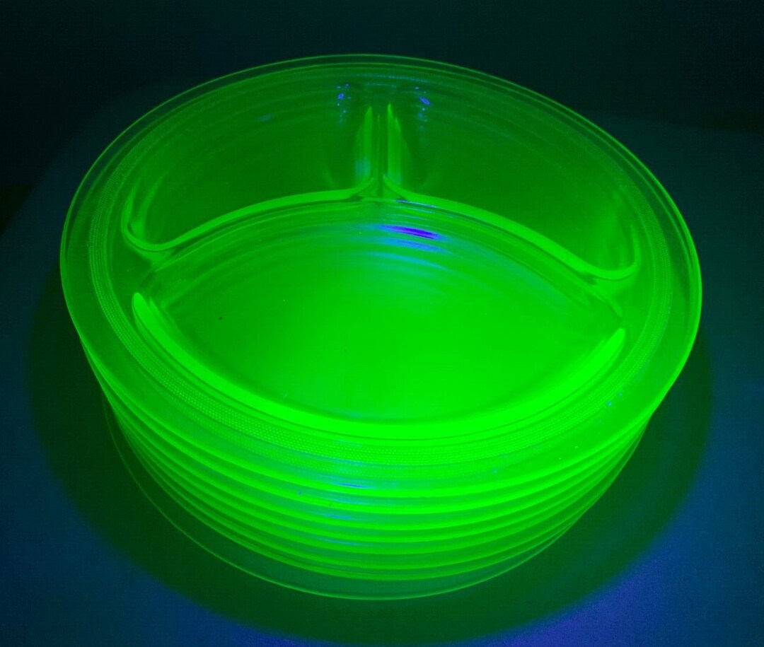8: Antique Uranium Depression Glass Vaseline Vase Atomic Divided Plates ...