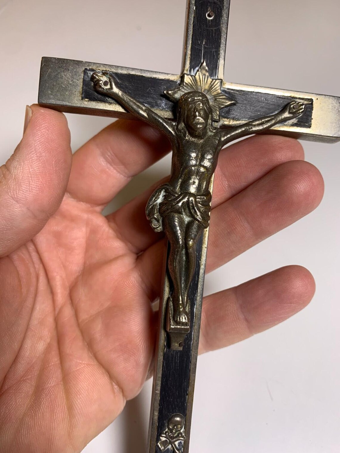 Antique Cross Crucifix Ornate Metal Wood Inlayed Scared Heart Skull ...