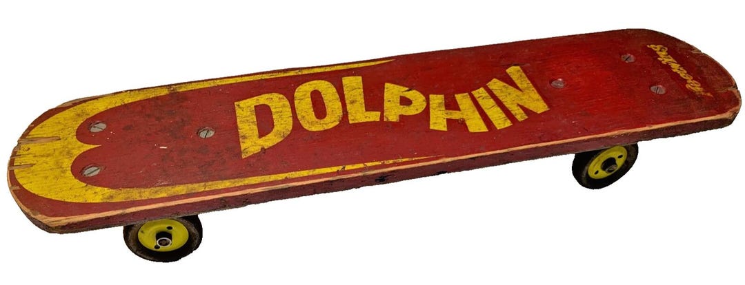 Rare Vintage Wood Wooden Skateboard Fleetwing Dolphin Metal Wheels ...