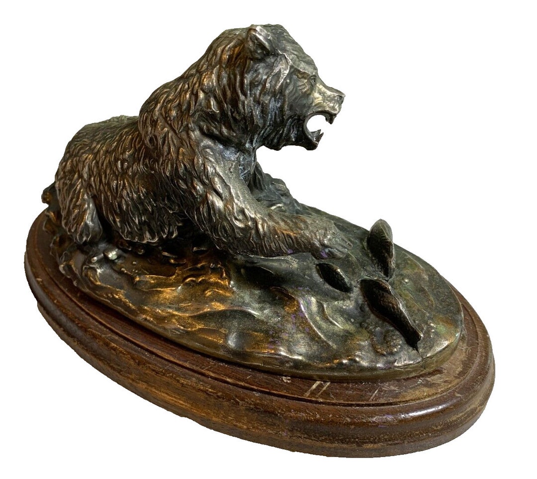 Vintage Metal Grizzly Bear Salmon Fishing Fish Statue Figure Figurine ...
