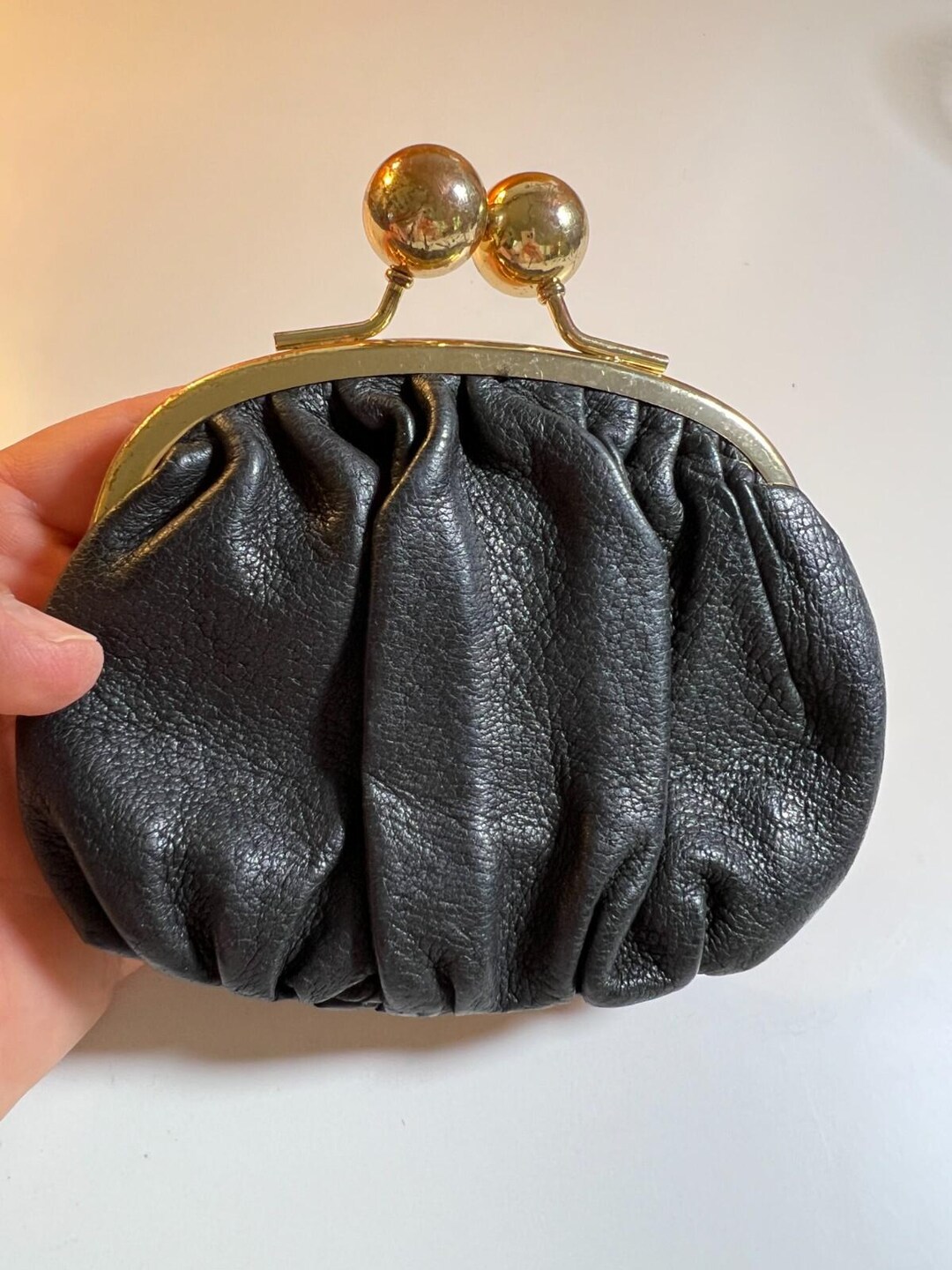 Vintage Black Leather Kiss Lock Coin Purse Clutch Ball Clasp 1970s 70s ...