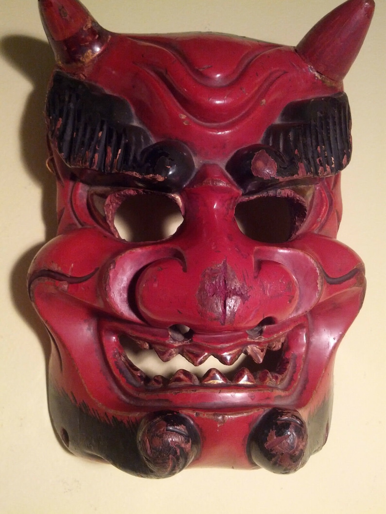 Antique, Danced, Japan/japanese Wooden Ao-oni Mask Used in Annual ...