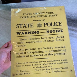 Antique Vintage New York State Police Warning Notice Sign Plaque Nypd N ...